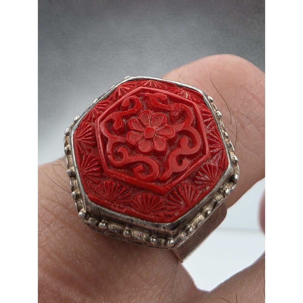 Vintage Cinnabar Sterling Silver 925 Sajen Ring Adjus… - Gem